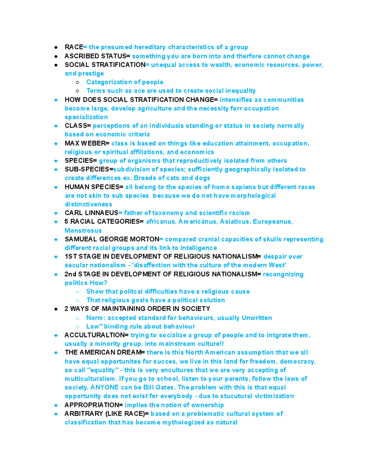 Anthro 1ab3 notes - RACE= the presumed hereditary characteristics of a ...