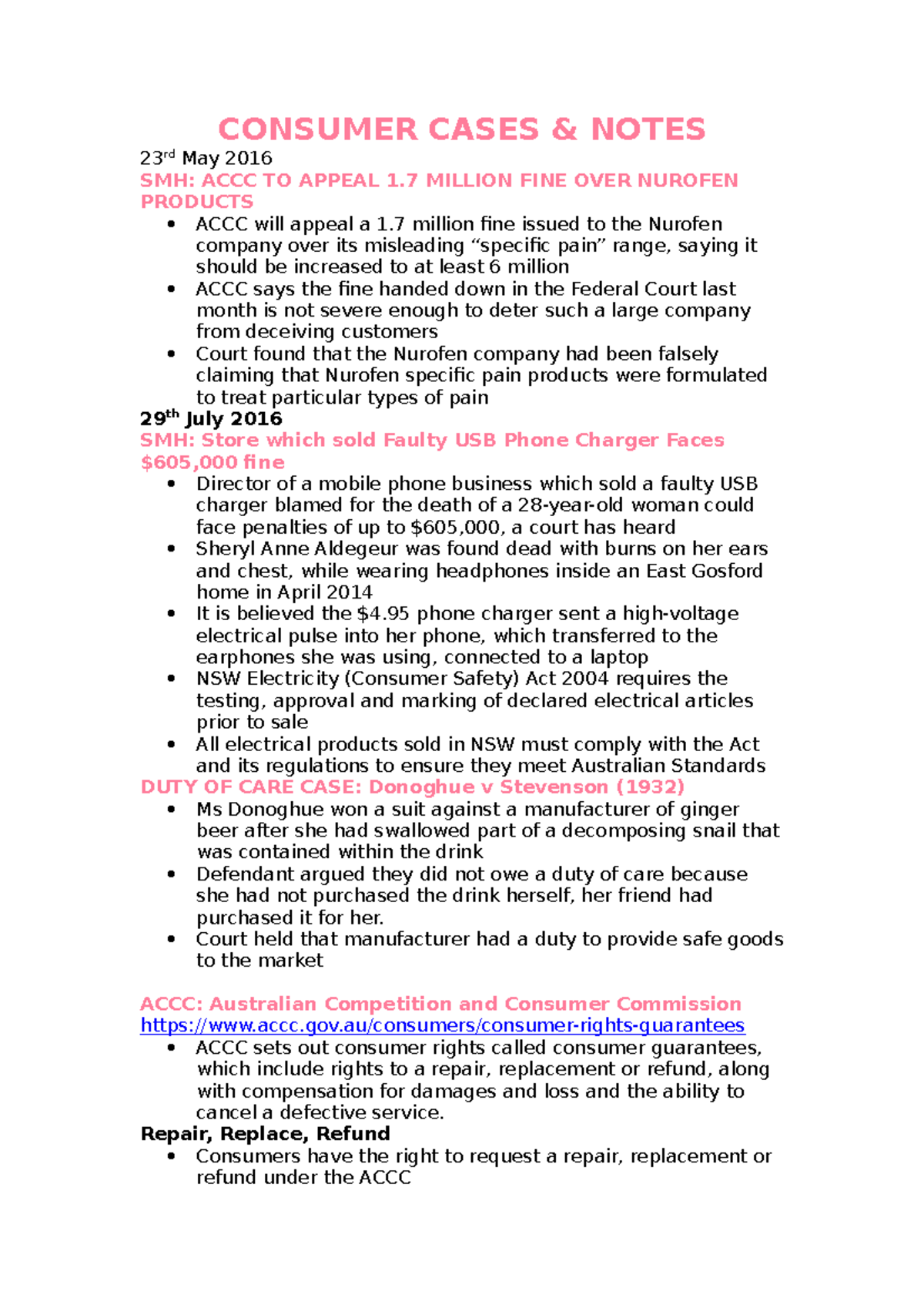 Consumer Cases - Grade: a+ - CONSUMER CASES & NOTES 23 rd May 2016 SMH ...