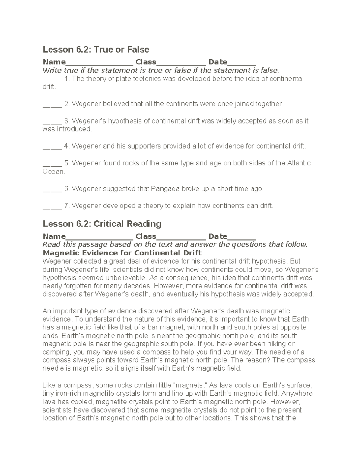 Plate Tectonics Activity - Lesson 6: True or False Name ...