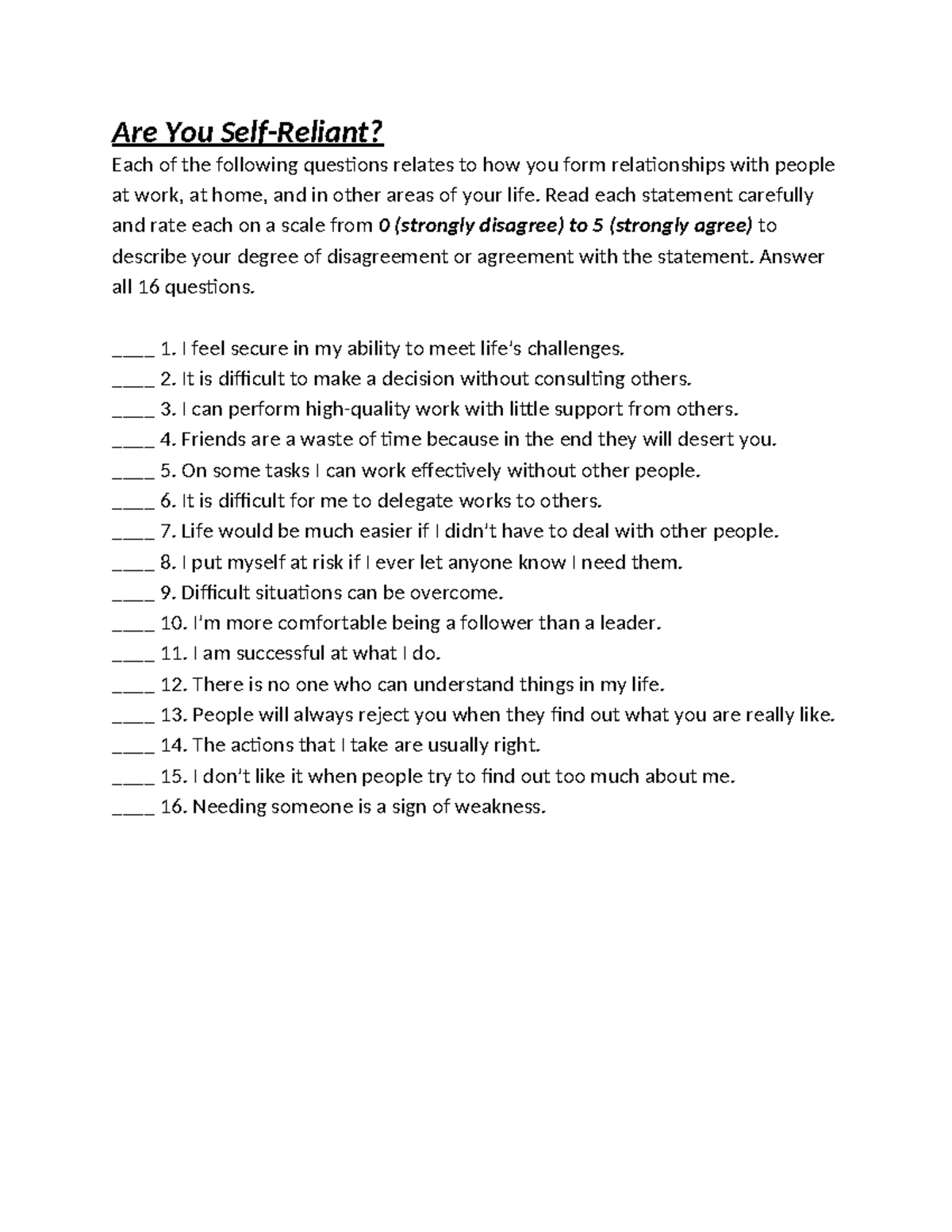 Are You Self-Reliant - Organizational behaviour - Are You Self-Reliant ...