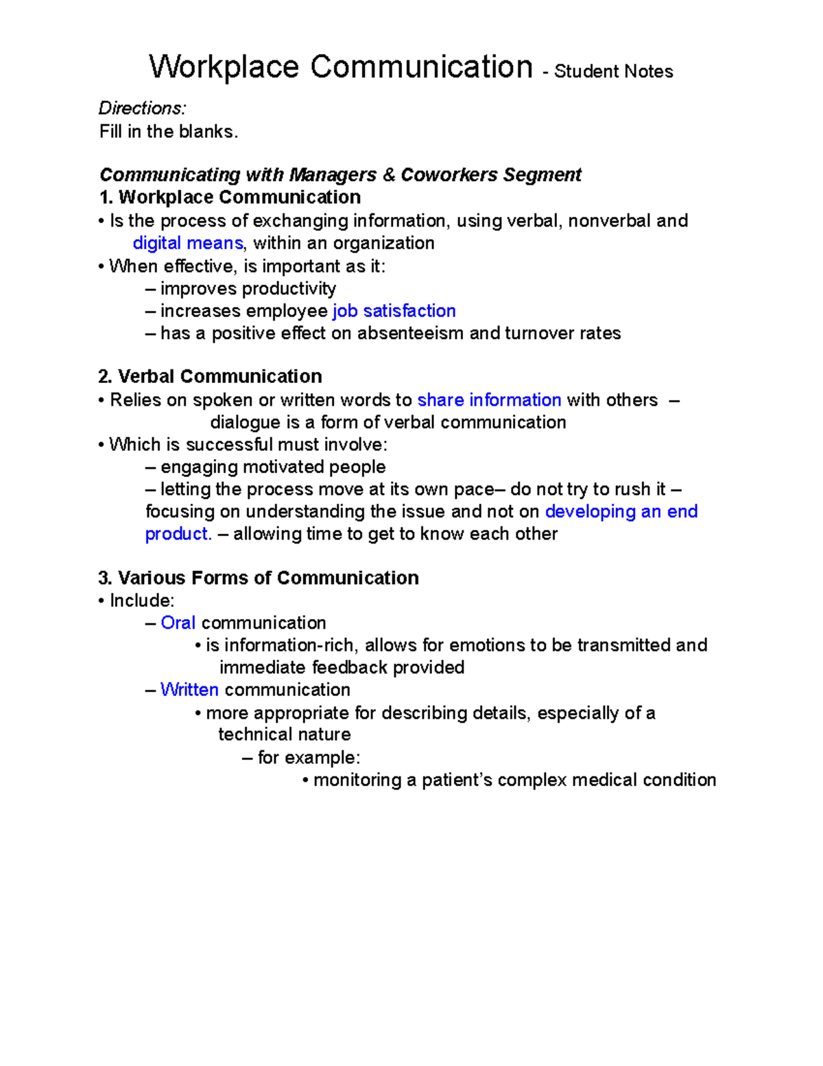 Copy of Workplace Communication Student Notes - Workplace Communication ...