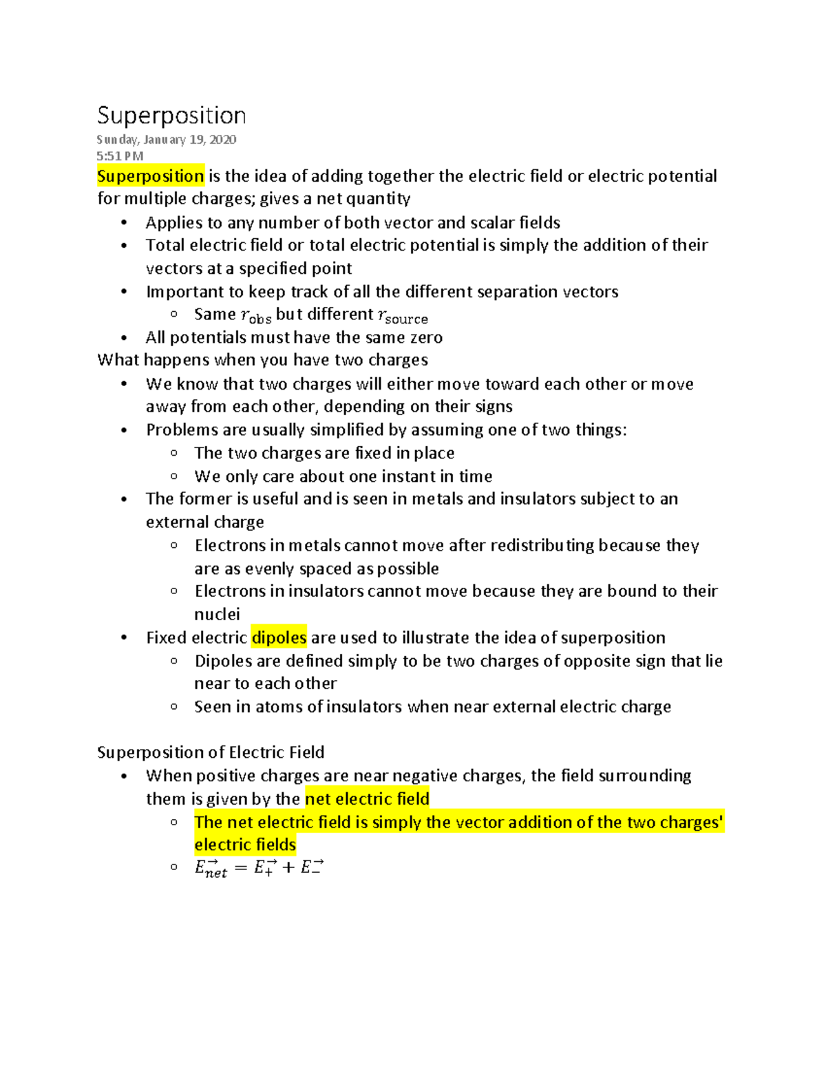 PHY 184 Distributions of Charge Pt 1 - Superposition Sunday, January 19 ...