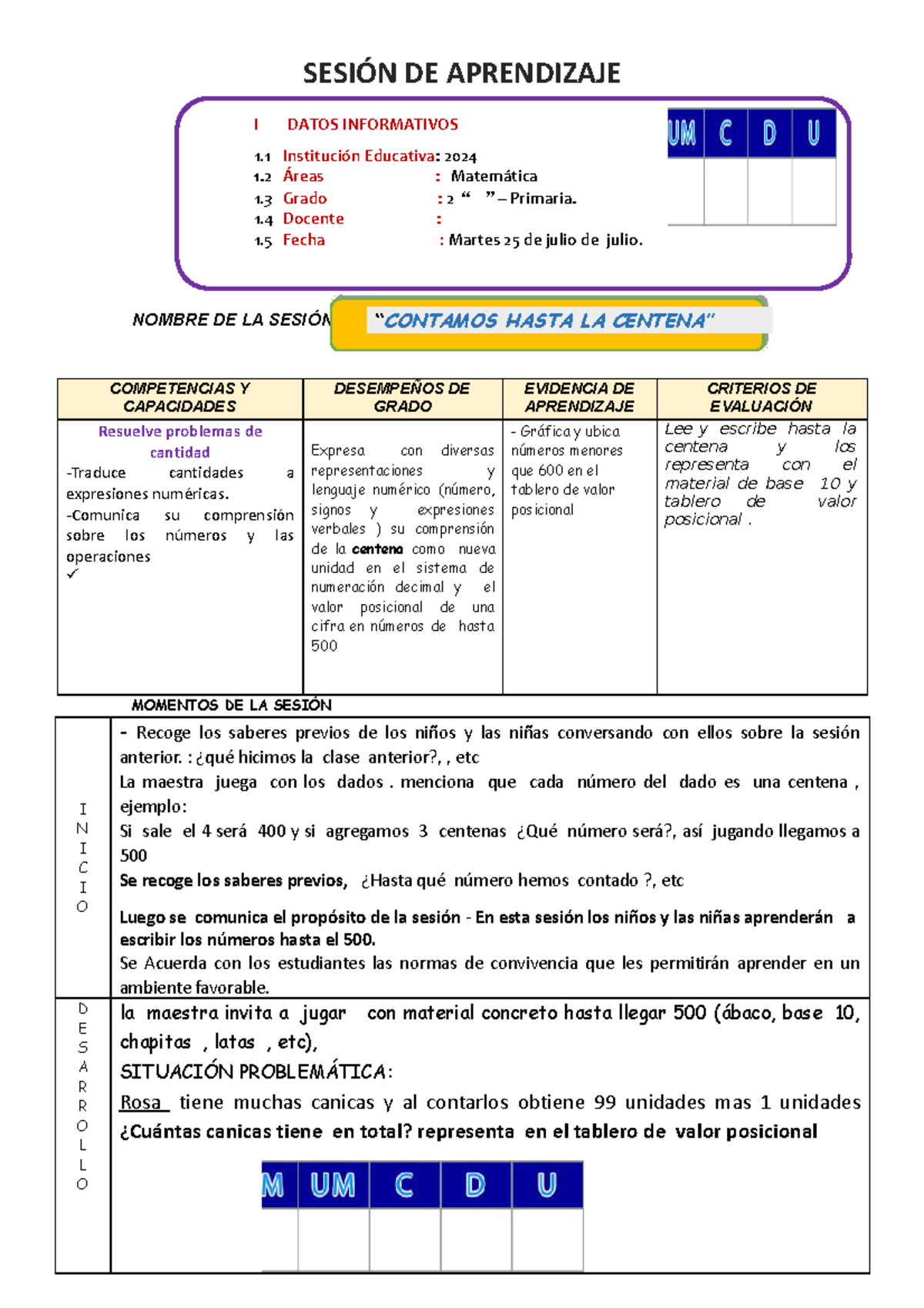 Centena - SESIÓN DE APRENDIZAJE NOMBRE DE LA SESIÓN: COMPETENCIAS Y CAPACIDADES DESEMPEÑOS DE ...
