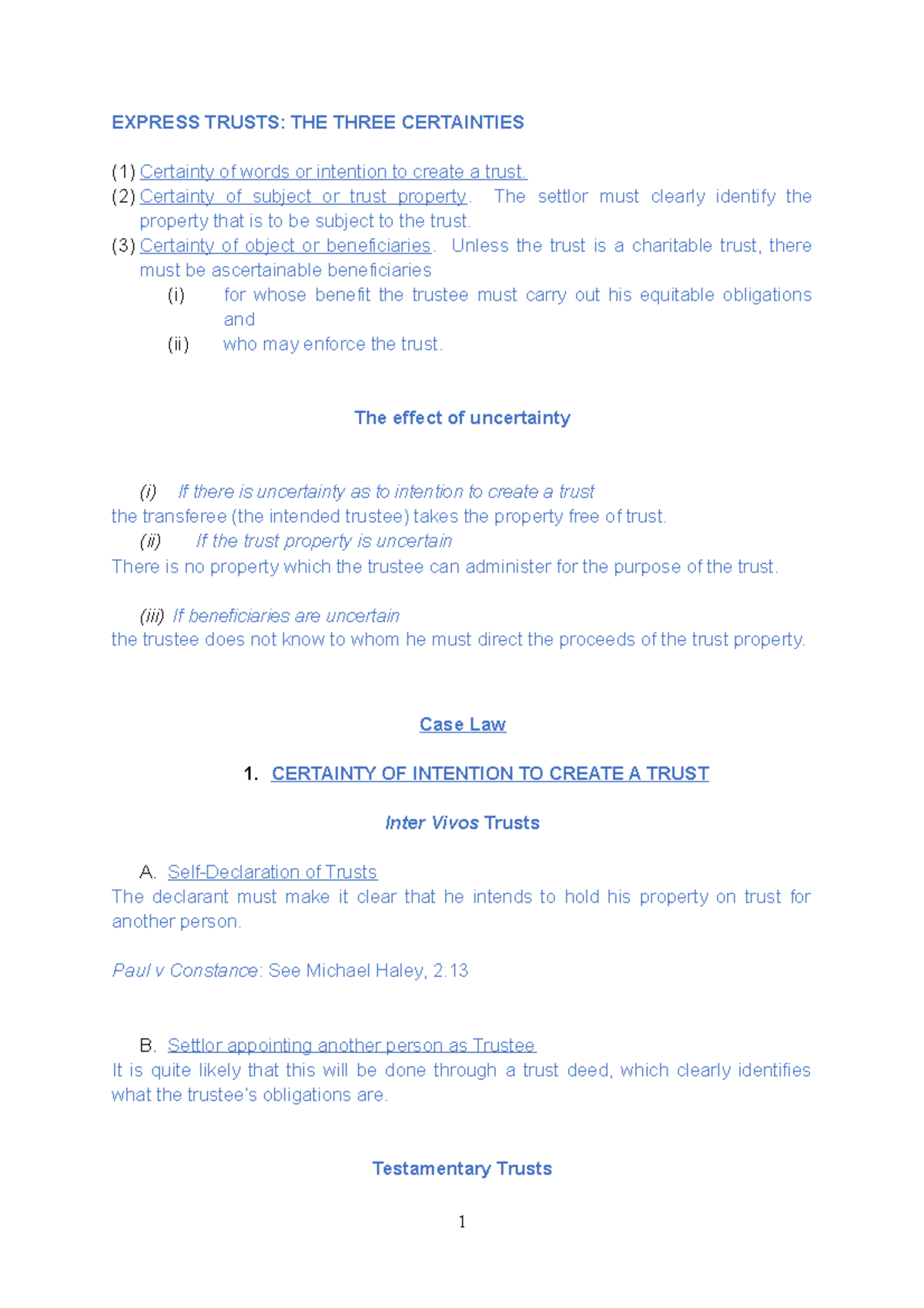 Express trusts The Three Certainties - EXPRESS TRUSTS: THE THREE CERTAINTIES (1)Certainty of ...