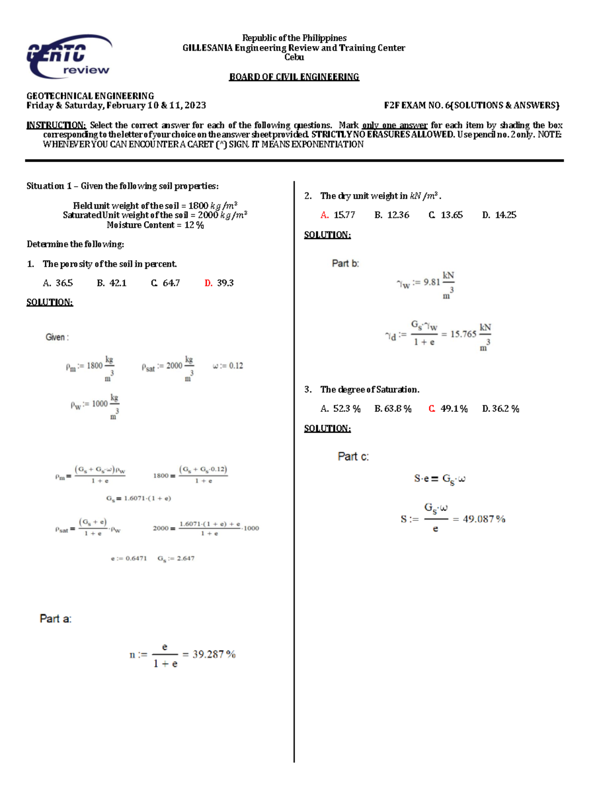 Geotech - Exam 6 (F2F) - Solutions - GILLESANIA Engineering Review and ...