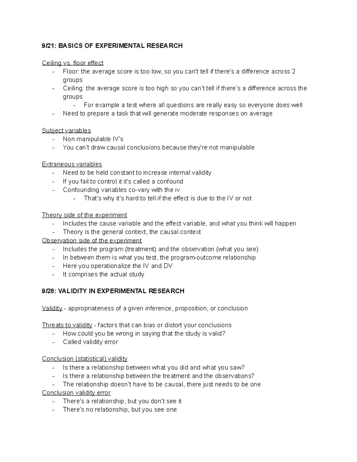 Midterm 2 - 9/21: BASICS OF EXPERIMENTAL RESEARCH Ceiling vs. floor ...