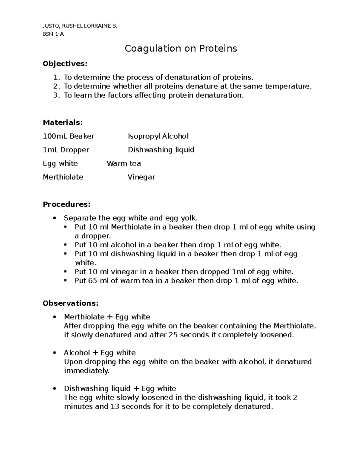Coagulation on Proteins - BSN 1-A Coagulation on Proteins Objectives: 1 ...