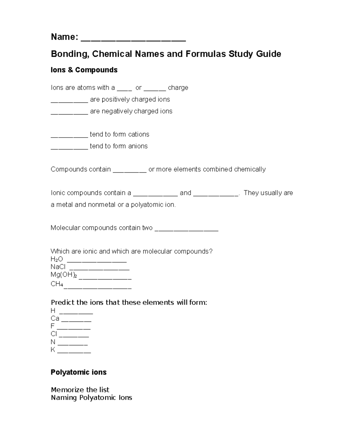Bonding and Naming Study Guide 2011 - Name ...