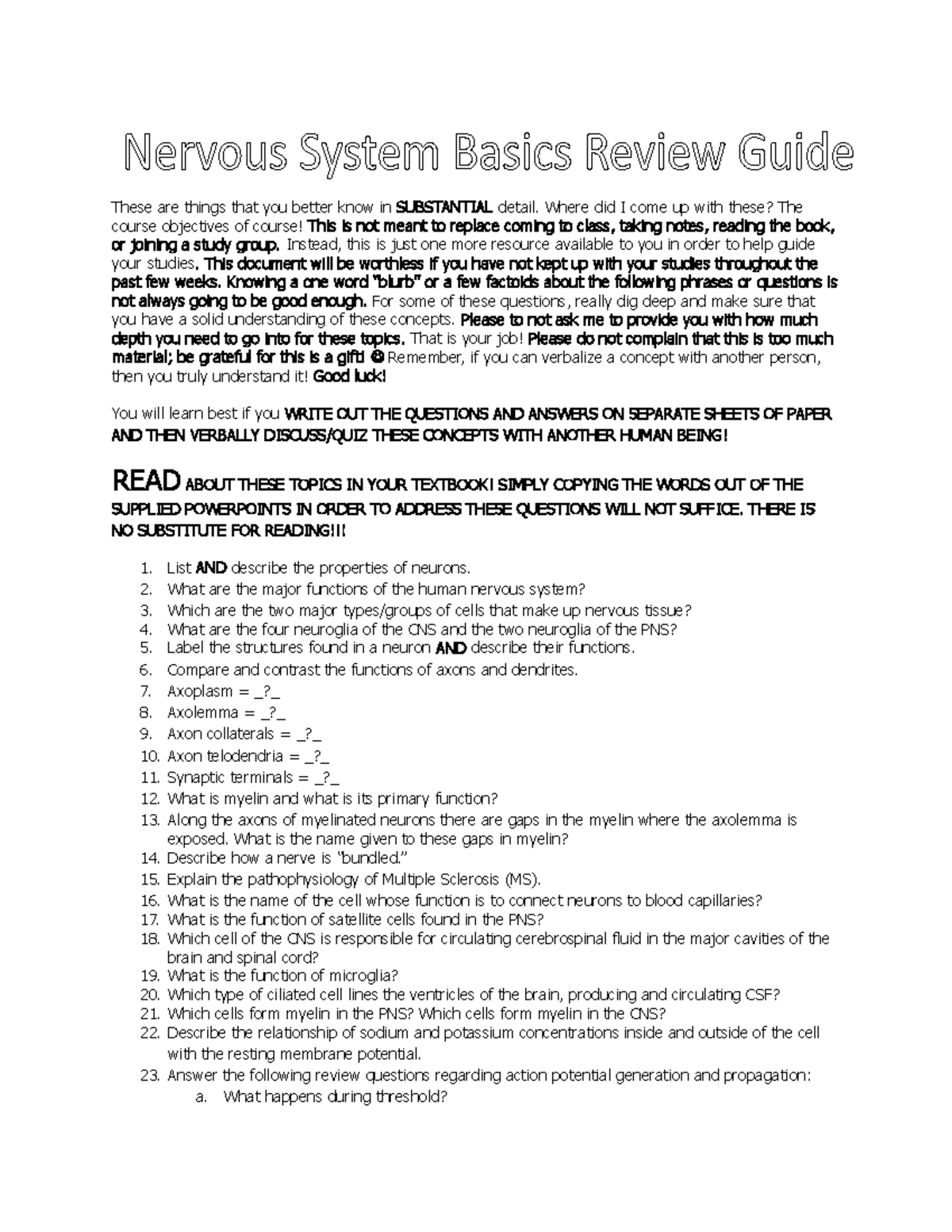 Nervous System Basics Review Guide - BIO-201 - GCU - Studocu