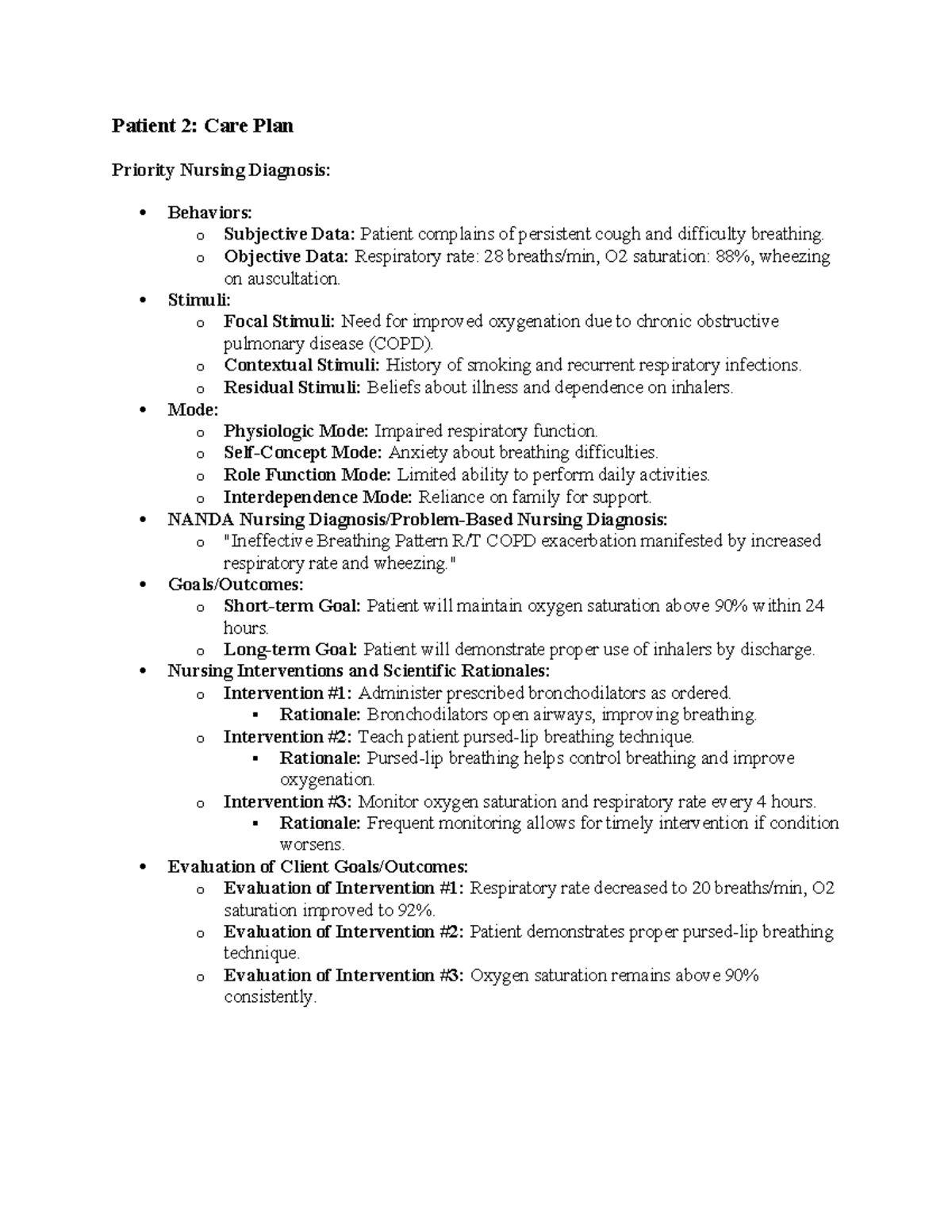 Care plan 2 - Its a patient care plan - Patient 2: Care Plan Priority ...