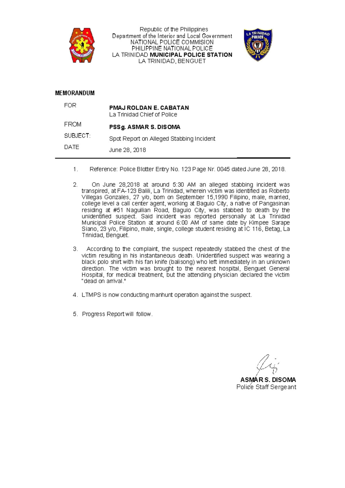 Spot-Report-on-Alleged-Stabbing-Incident - Republic of the Philippines ...