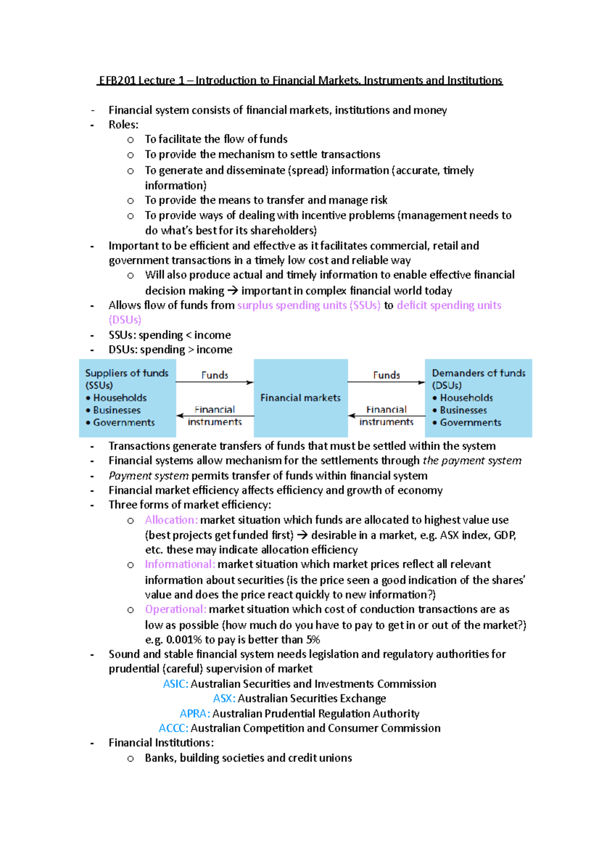 Lecture 1 - EFB201 Lecture 1 – Introduction to Financial Markets ...