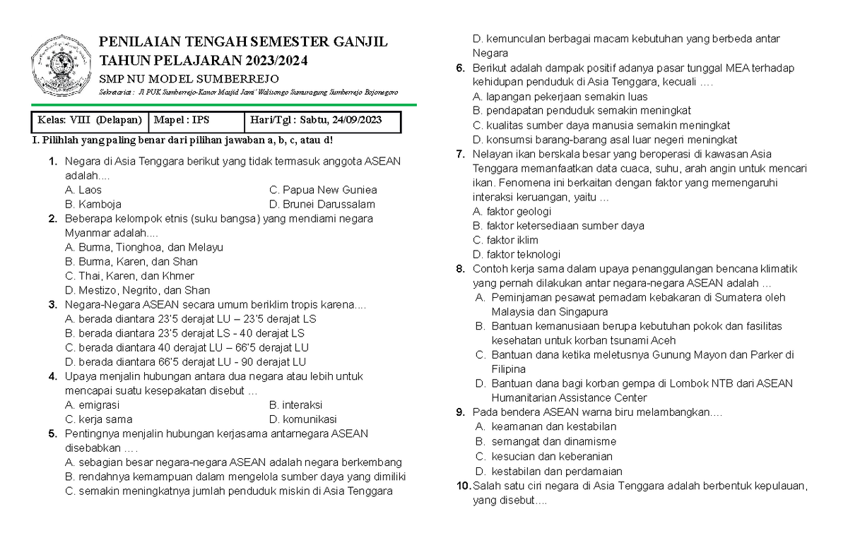 PTS Ganjil VIII IPS - SEMUA BISA - PENILAIAN TENGAH SEMESTER GANJIL TAHUN PELAJARAN 2023/ SMP NU ...