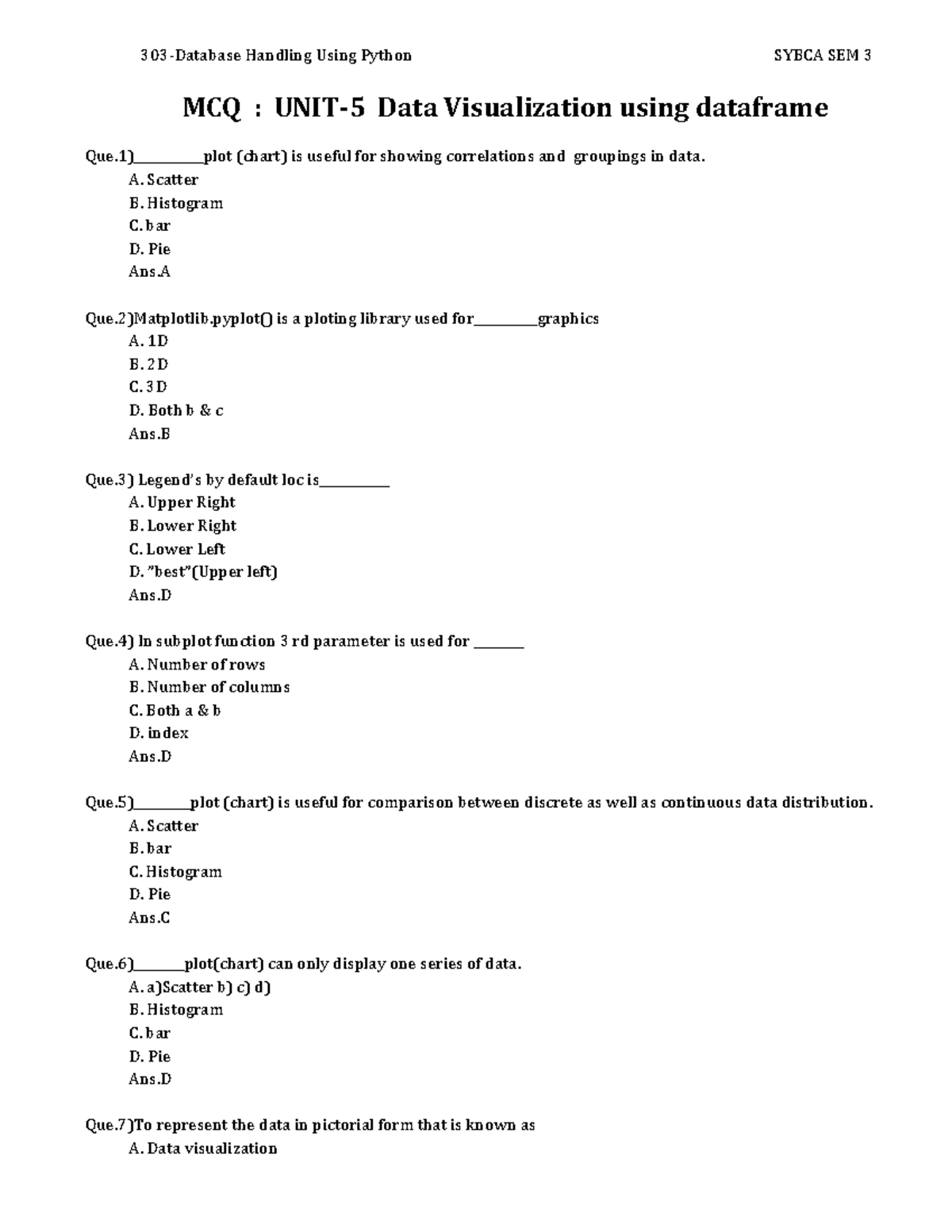 MCQ UNIT 5(dhp) - MCQ UNIT 5(dhp) - MCQ : UNIT-5 Data Visualization using dataframe - Studocu