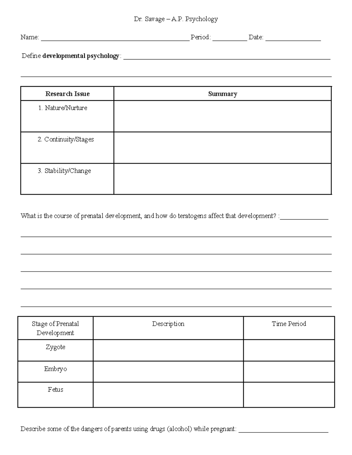 Unit 6 - Development Packet - Dr. Savage – A. Psychology Name: - Studocu