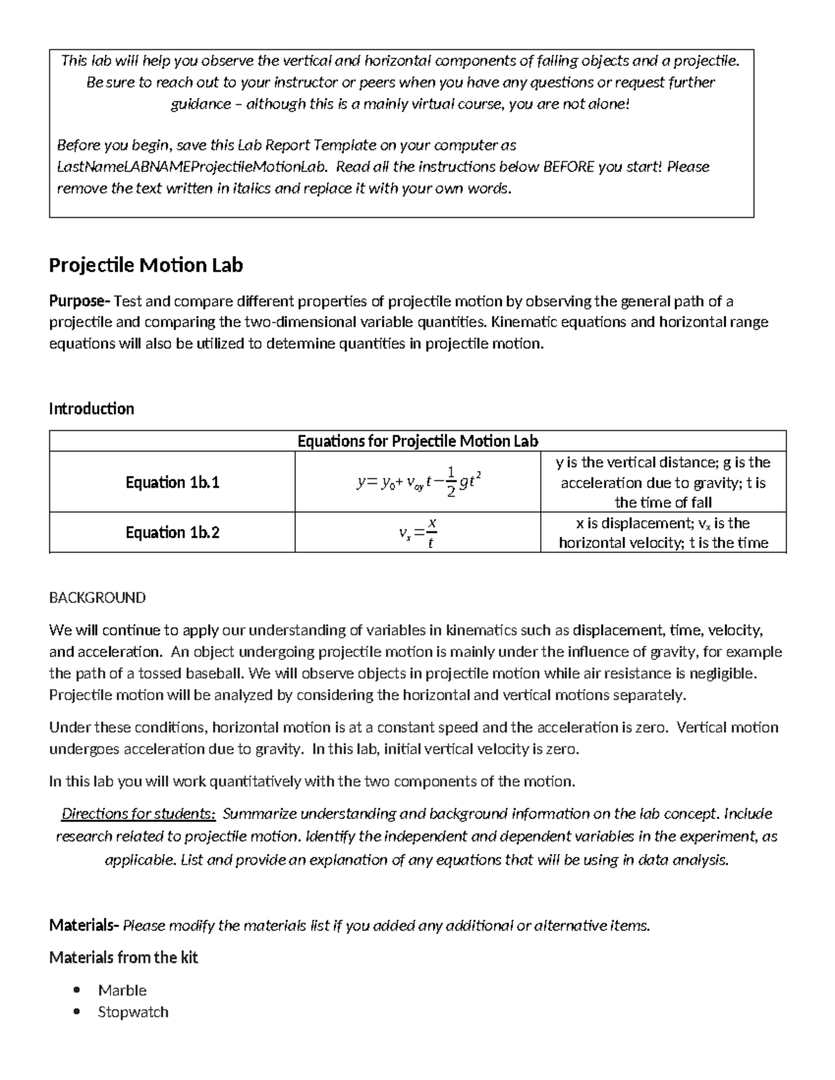 APH1 Unit 1b Projectile Motion Lab - This lab will help you observe the ...