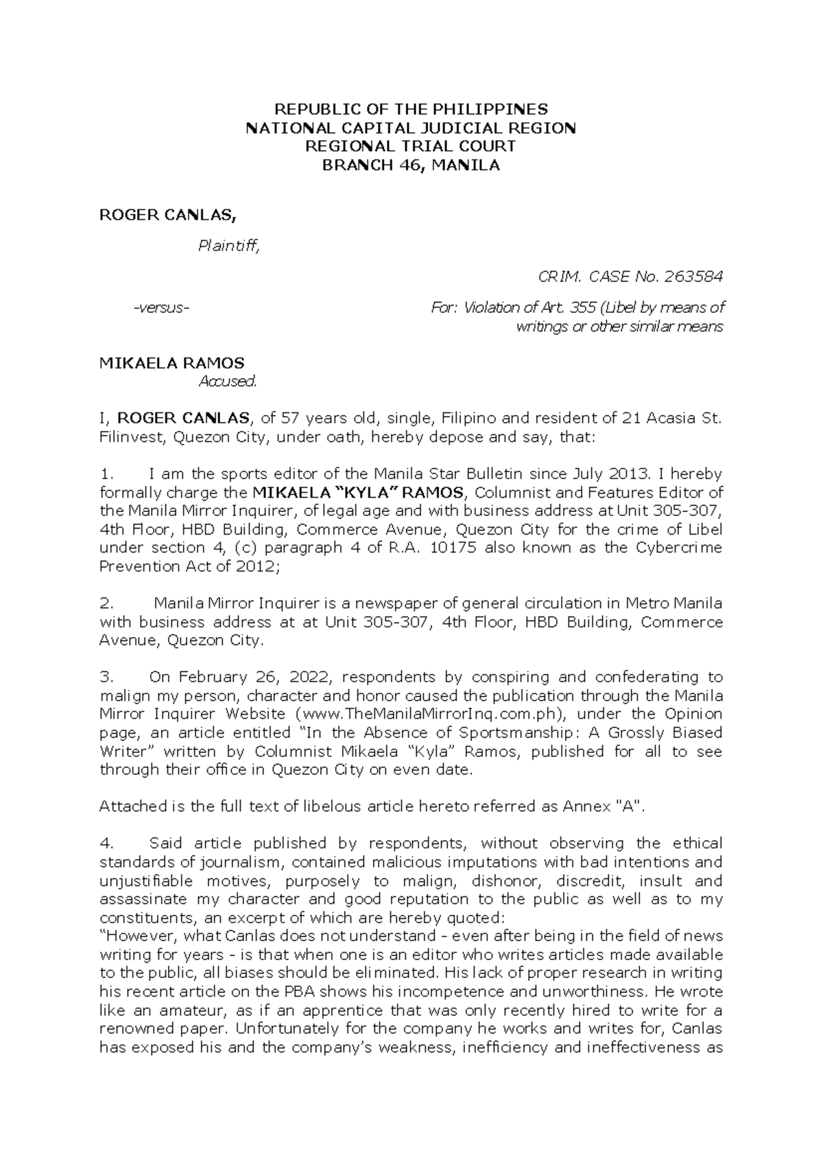 Complaint affidavit for Libel CRIM PROdocx - REPUBLIC OF THE ...