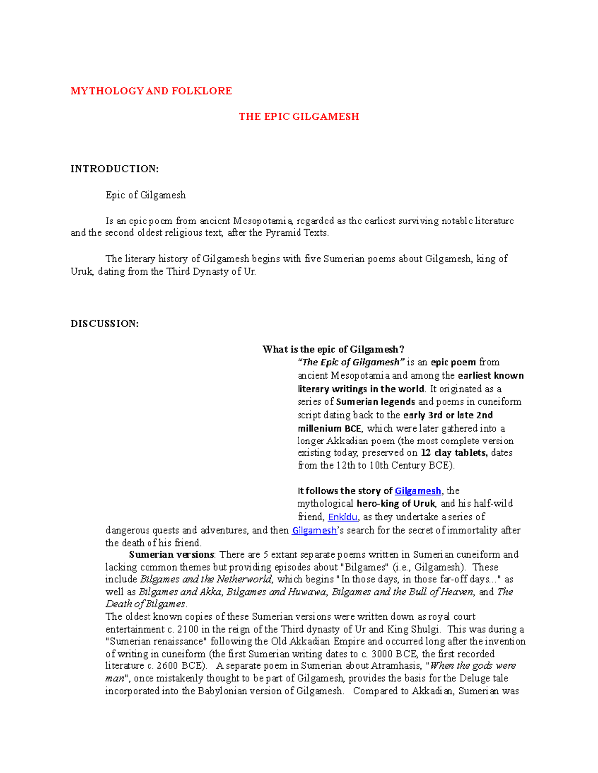 Notes - Different Subjects - MYTHOLOGY AND FOLKLORE THE EPIC GILGAMESH ...