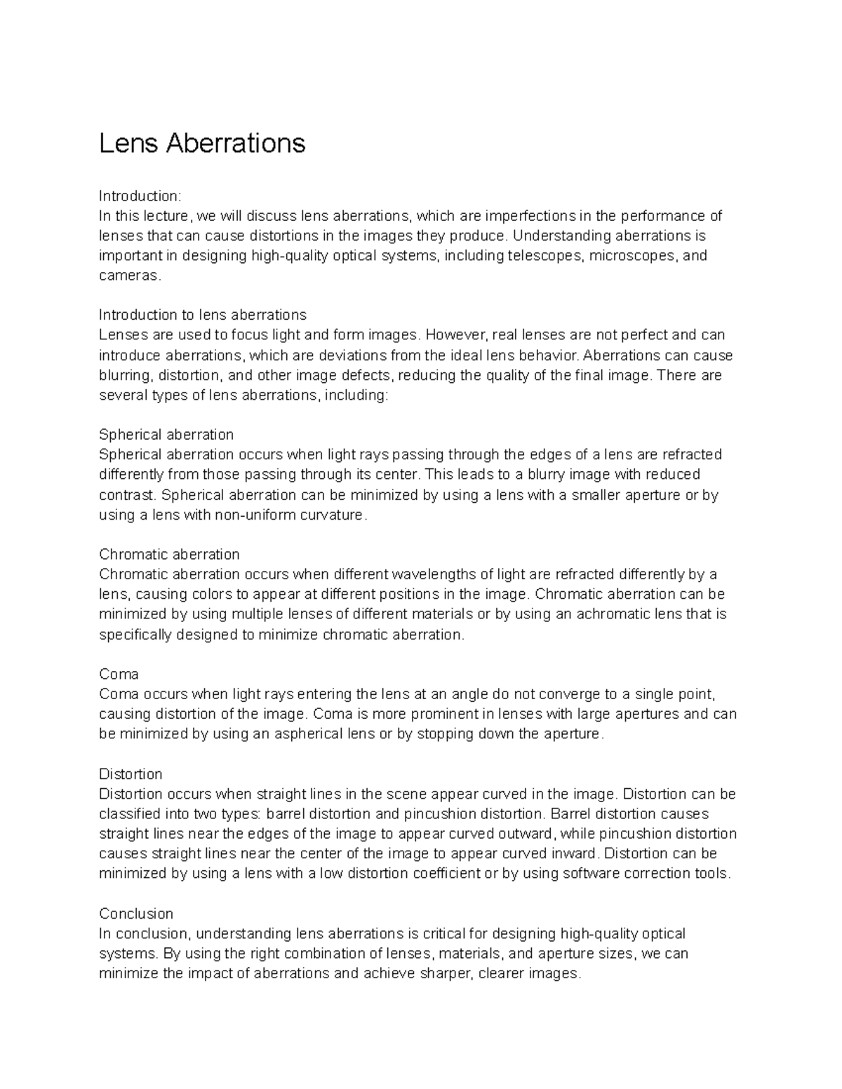 General Physics Iii Phy 2040 Lecture 42 Lens Aberrations Lens Aberrations Introduction In