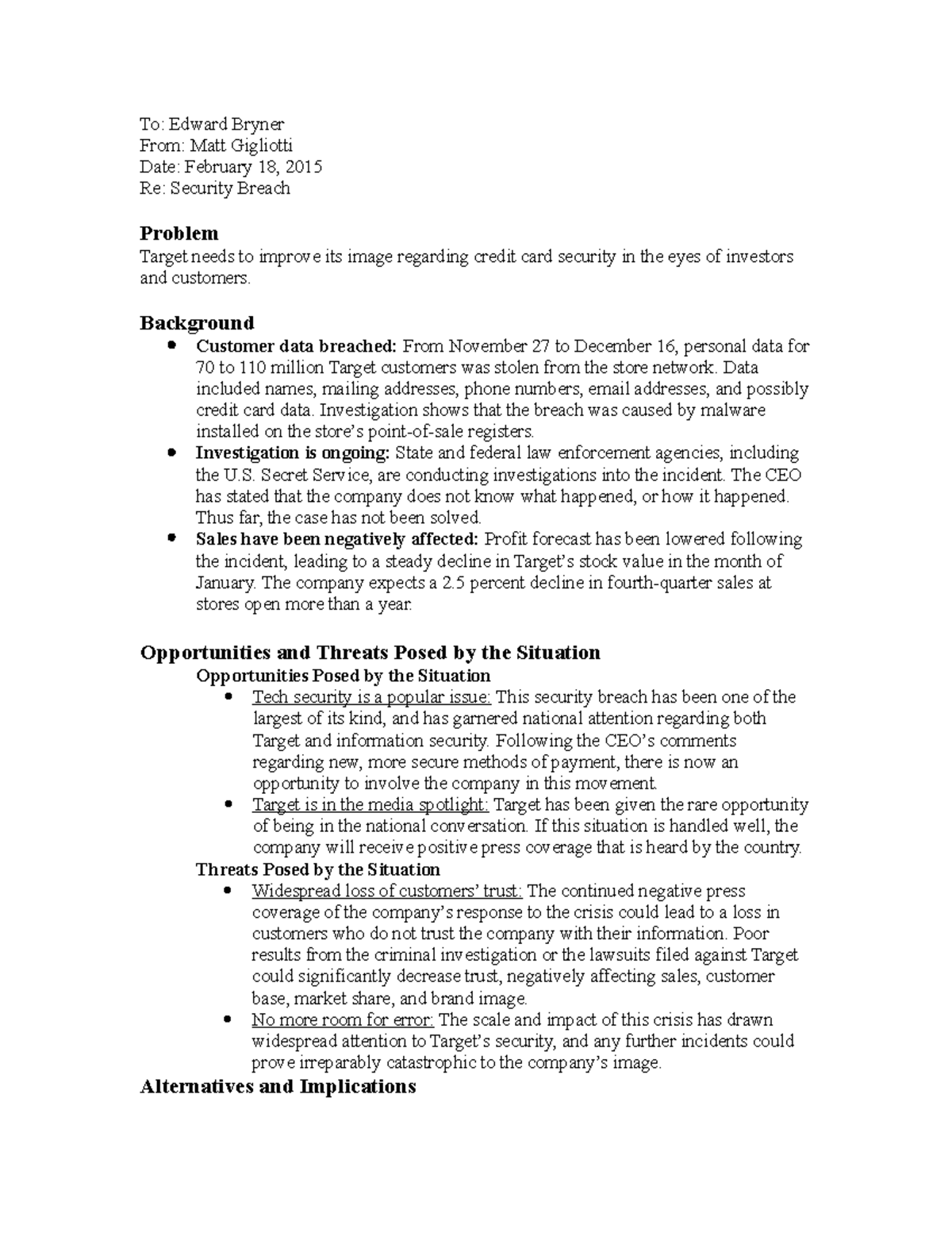 Target Memo - Spring 2015 Memo - To: Edward Bryner From: Matt Gigliotti ...