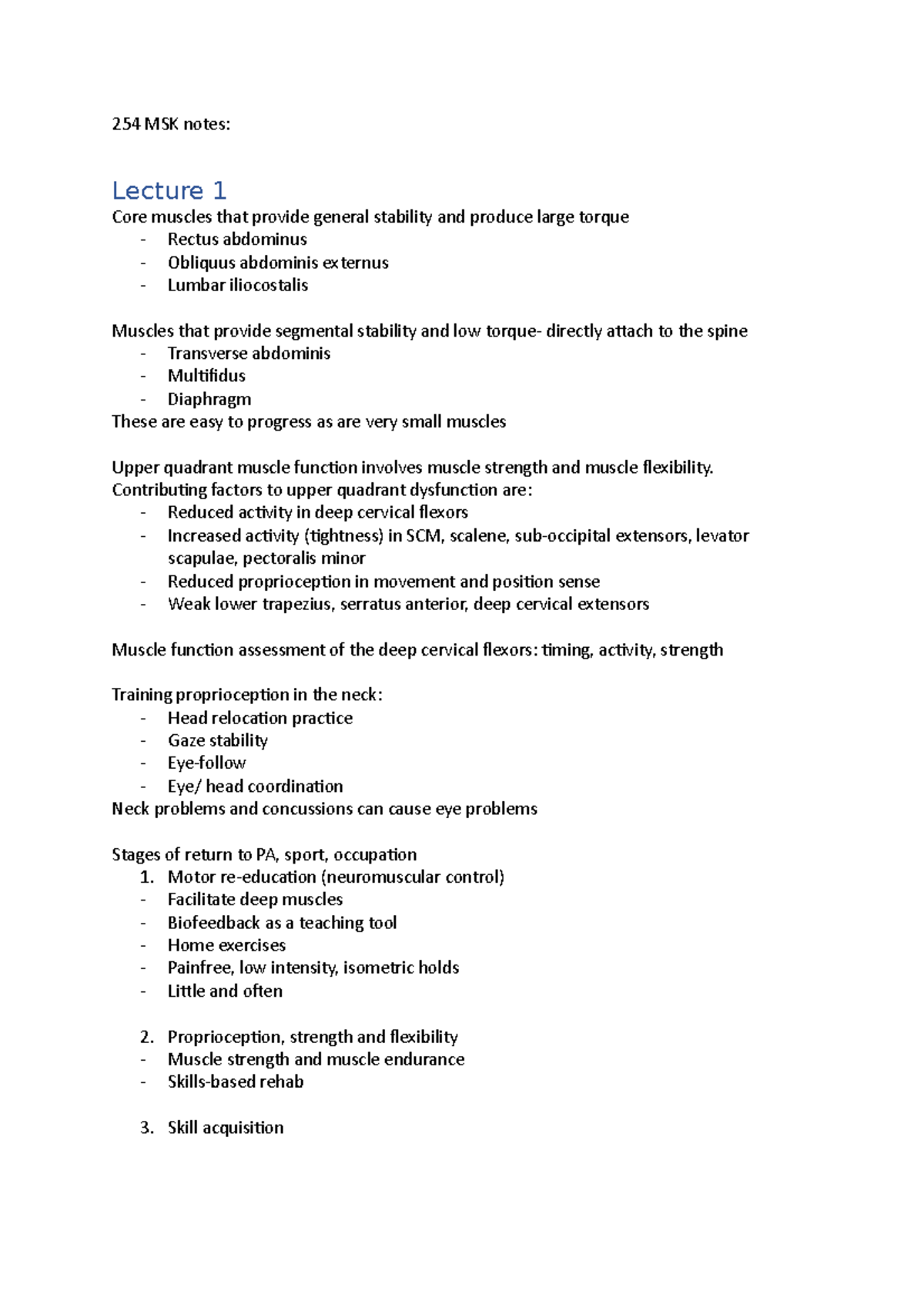 354 MSK notes - 254 MSK notes: Lecture 1 Core muscles that provide ...