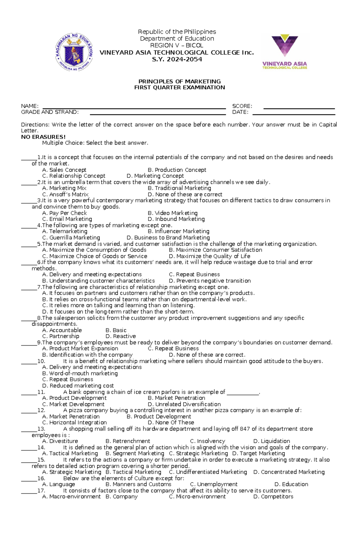 1ST Quarter - POM - ABM - Exam - PRINCIPLES OF MARKETING FIRST QUARTER ...
