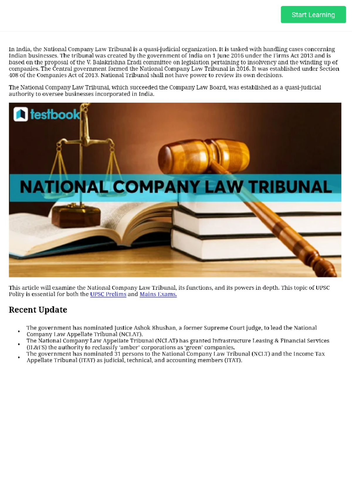 National Company Law Tribunal (NCLT) - Functions, Powers & More - Bachelor of Arts - Studocu