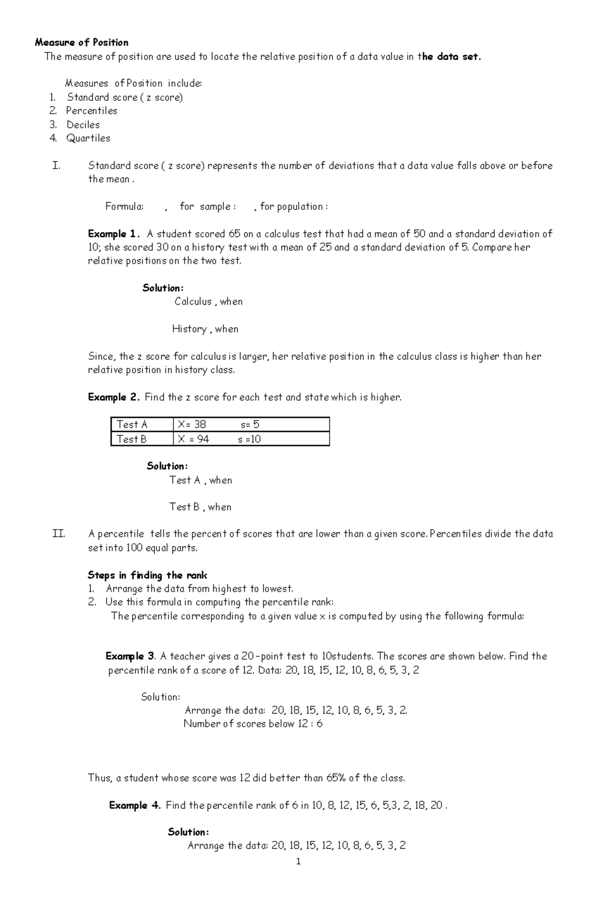 Student learning measurement - Measure of Position The measure of ...