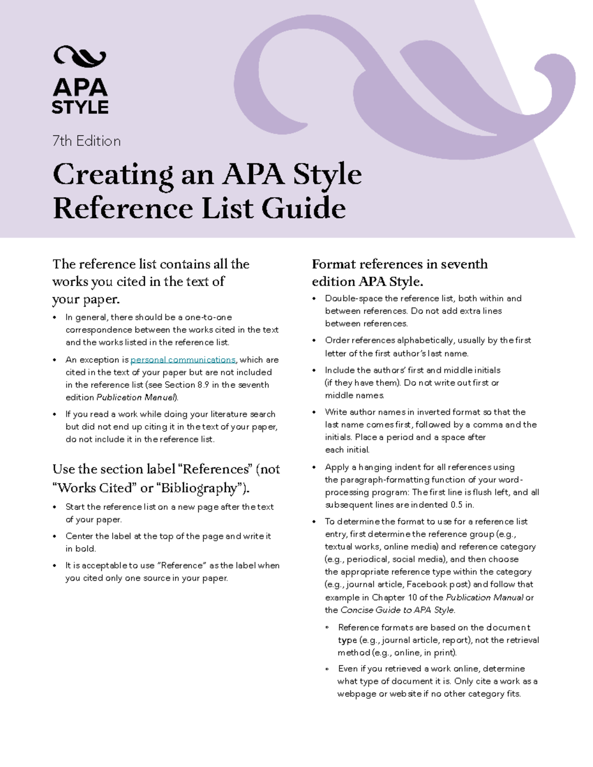 APA STYLE 7th Edition Creating an APA Style Reference List Guide - 7th ...