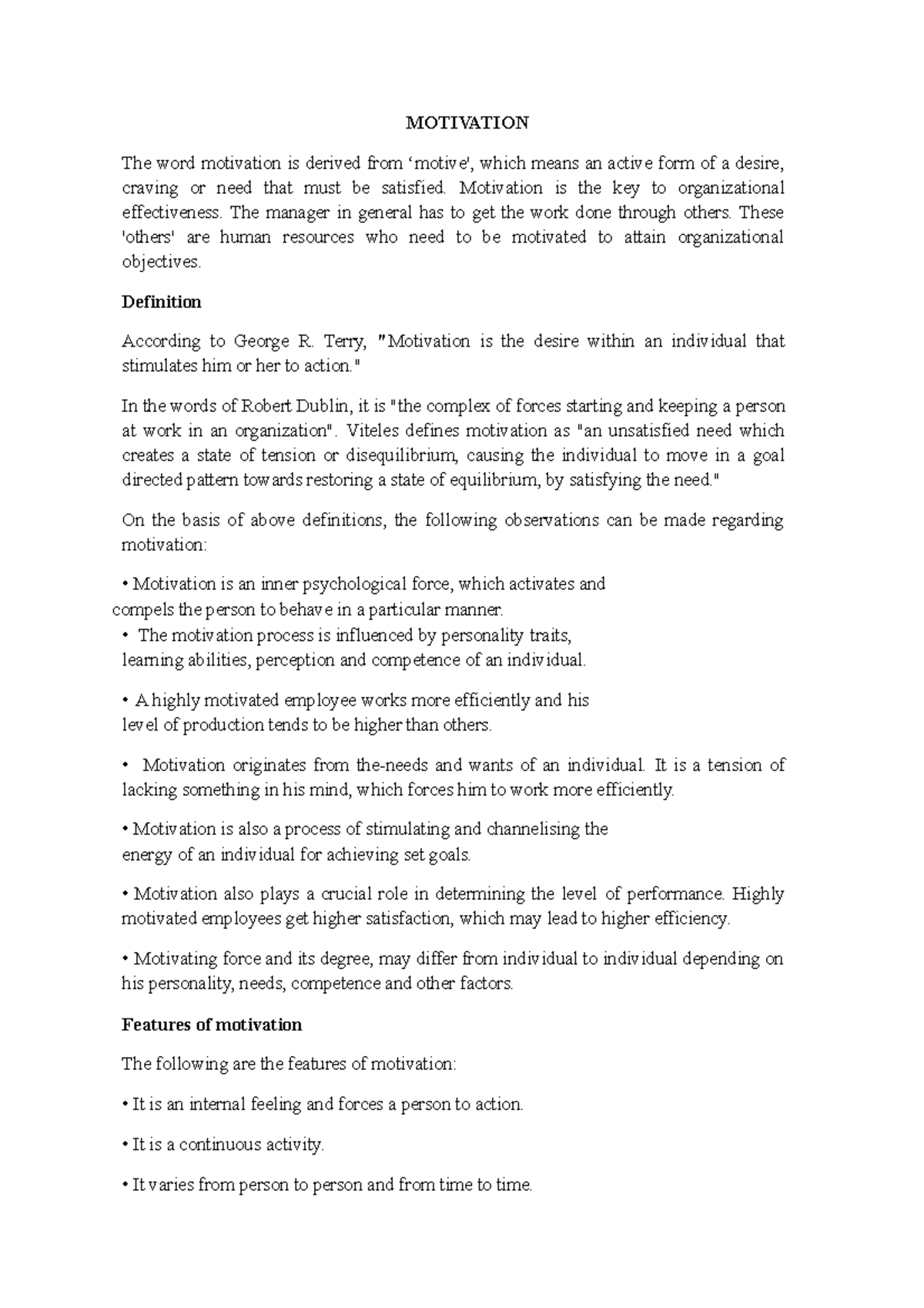 Motivation - OB - MOTIVATION The word motivation is derived from ...