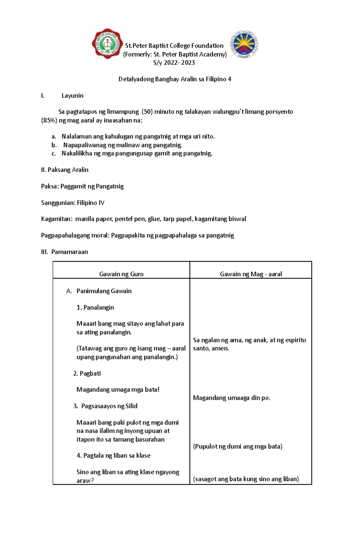 DLP SA Filipino Grade 4 - Dlp in fil - St Baptist College Foundation (Formerly: St. Peter ...