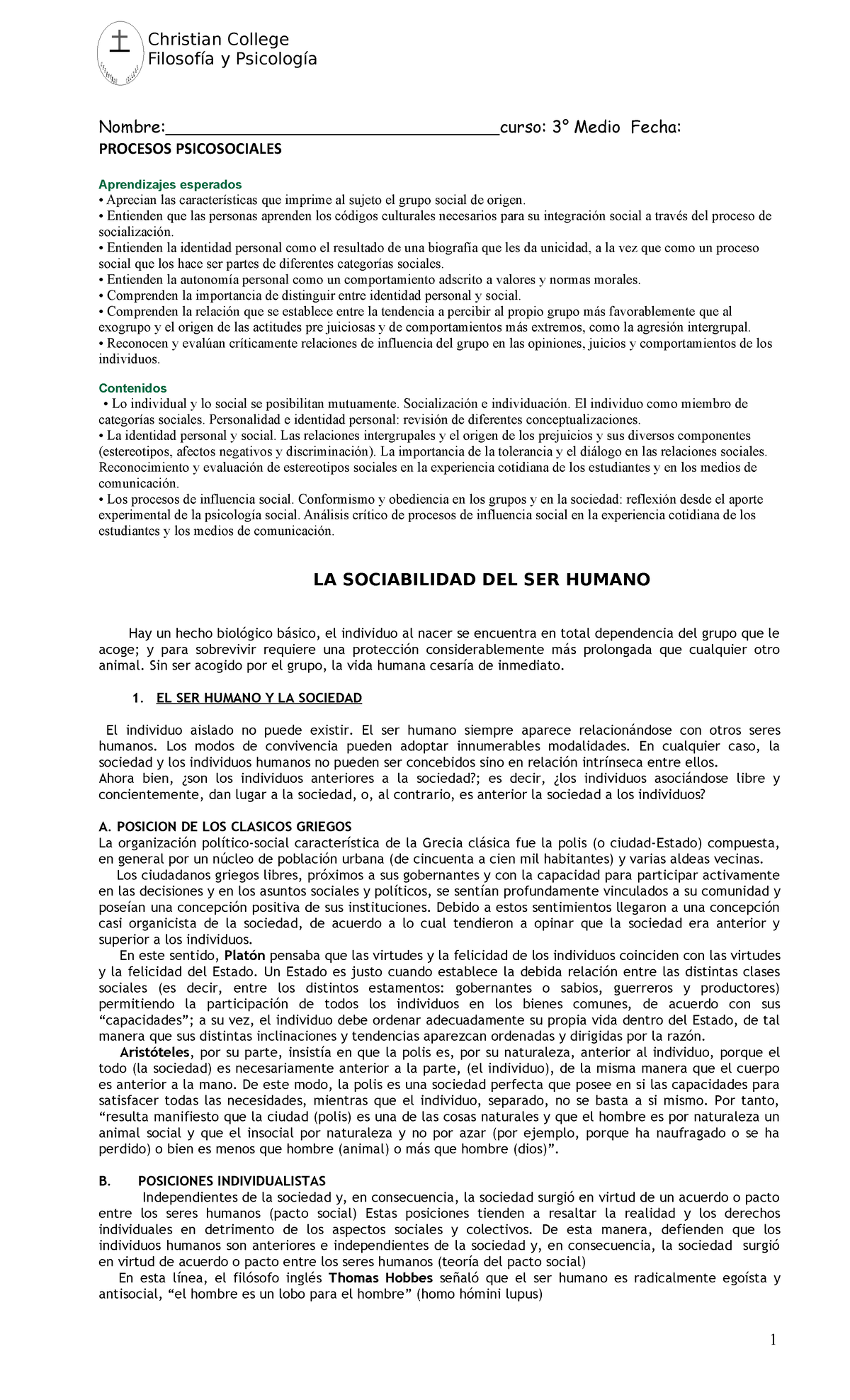 Guía La sociabilidad del ser humano 3° - Filosofía y Psicología - Studocu