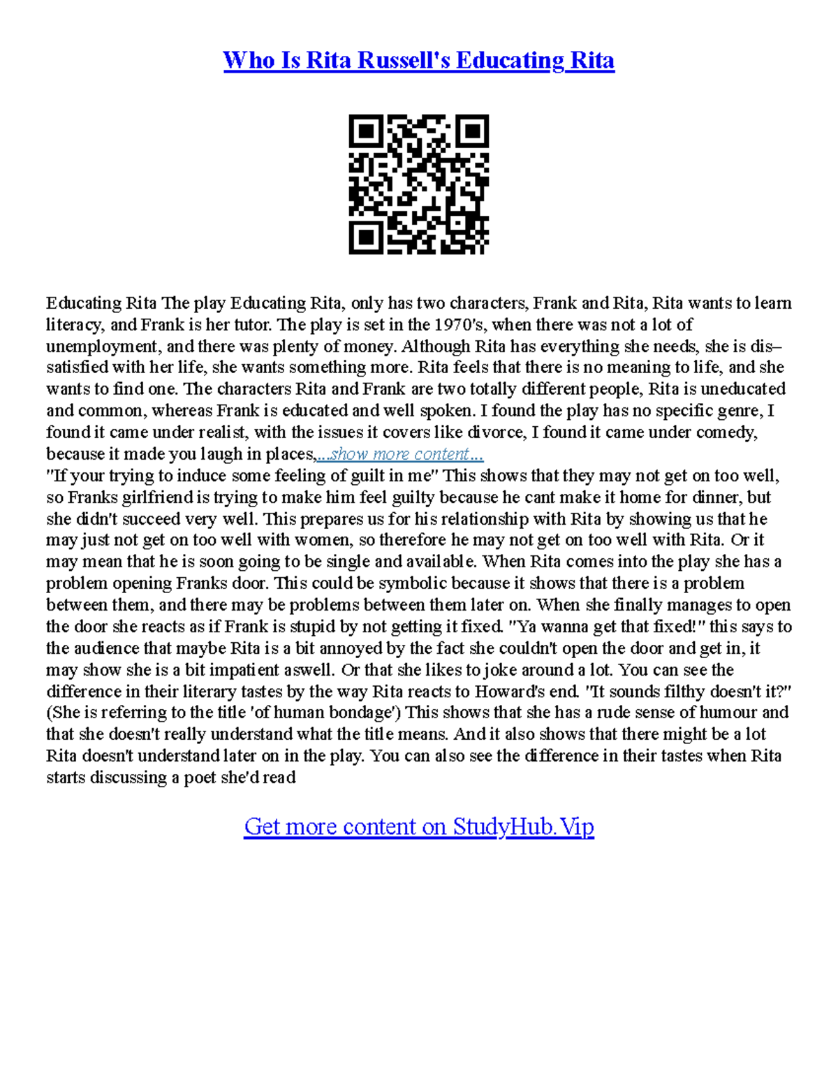 Educating Rita Essays - Who Is Rita Russell's Educating Rita Educating ...