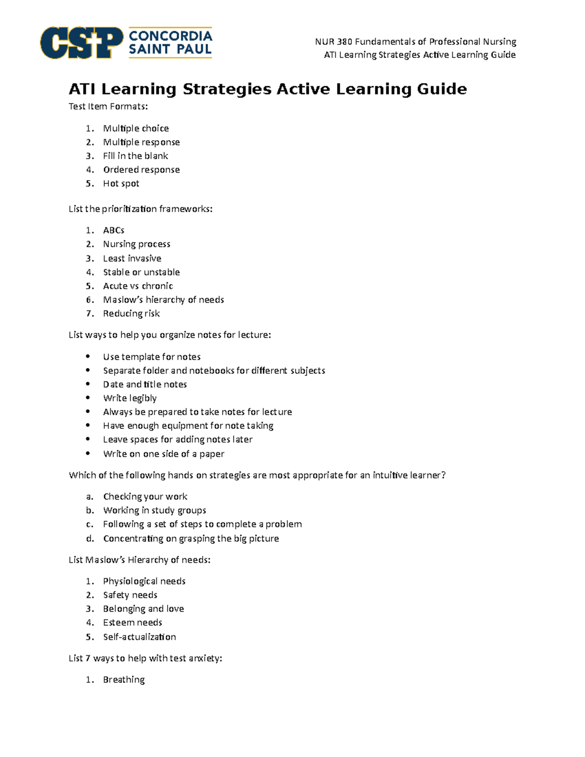 NUR 380 ATI Learning Strategies Active Learning Guide - NUR 380 ...