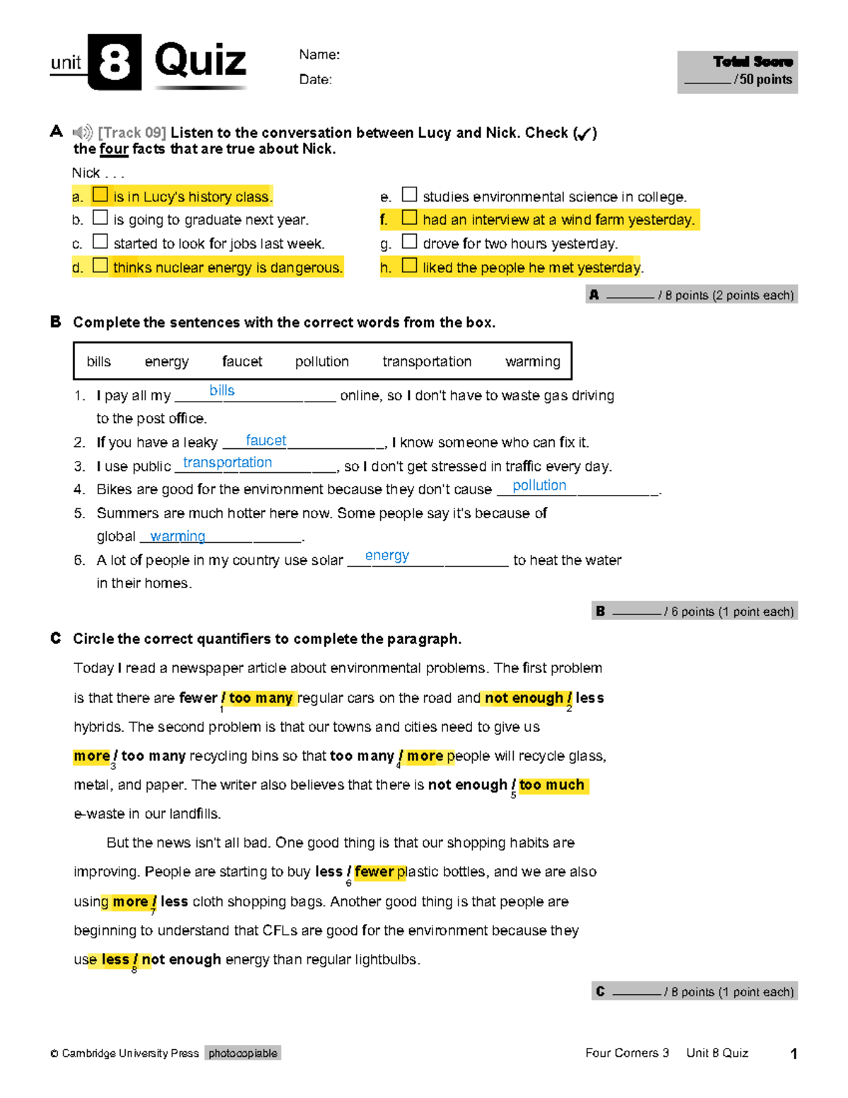QUIZ UNIT 8 - Ingles quizz - © Cambridge University Press photocopiable ...