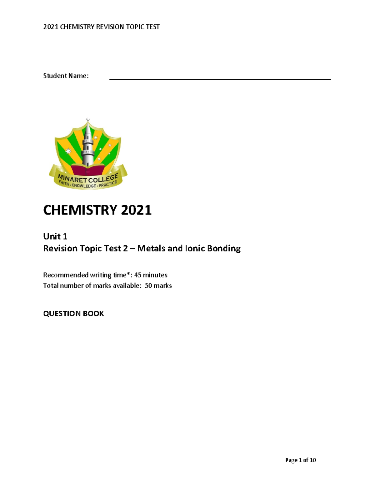 Unit 1 Chemistry Revision Test 2 - Ch3 Metal & Ch 4 Ionic Bonding ...