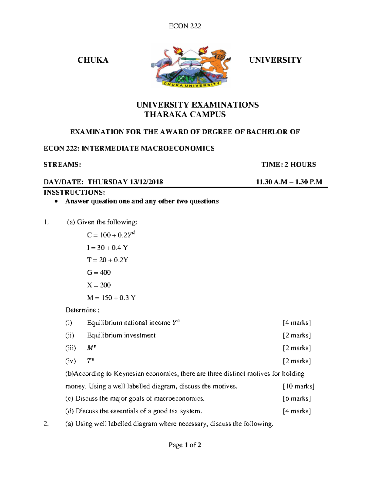 ECON .macroeconomics chuka quiz - ECON 222 Page 1 of 2 CHUKA UNIVERSITY ...