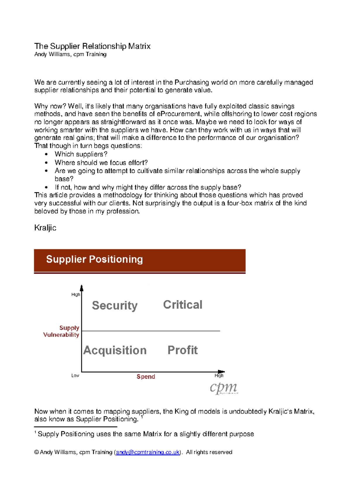 Supplier Relationship Matrix - Andy Williams, cpm Training We are ...