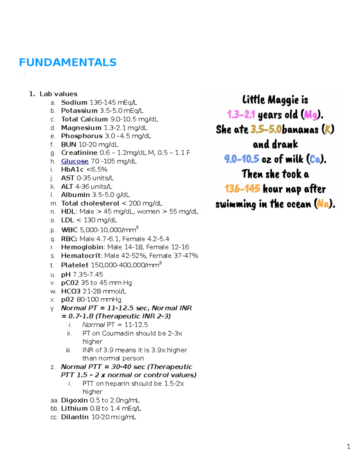 ATI comp cheat sheet - FUNDAMENTALS Lab values a. Sodium 136-145 mEq/L ...