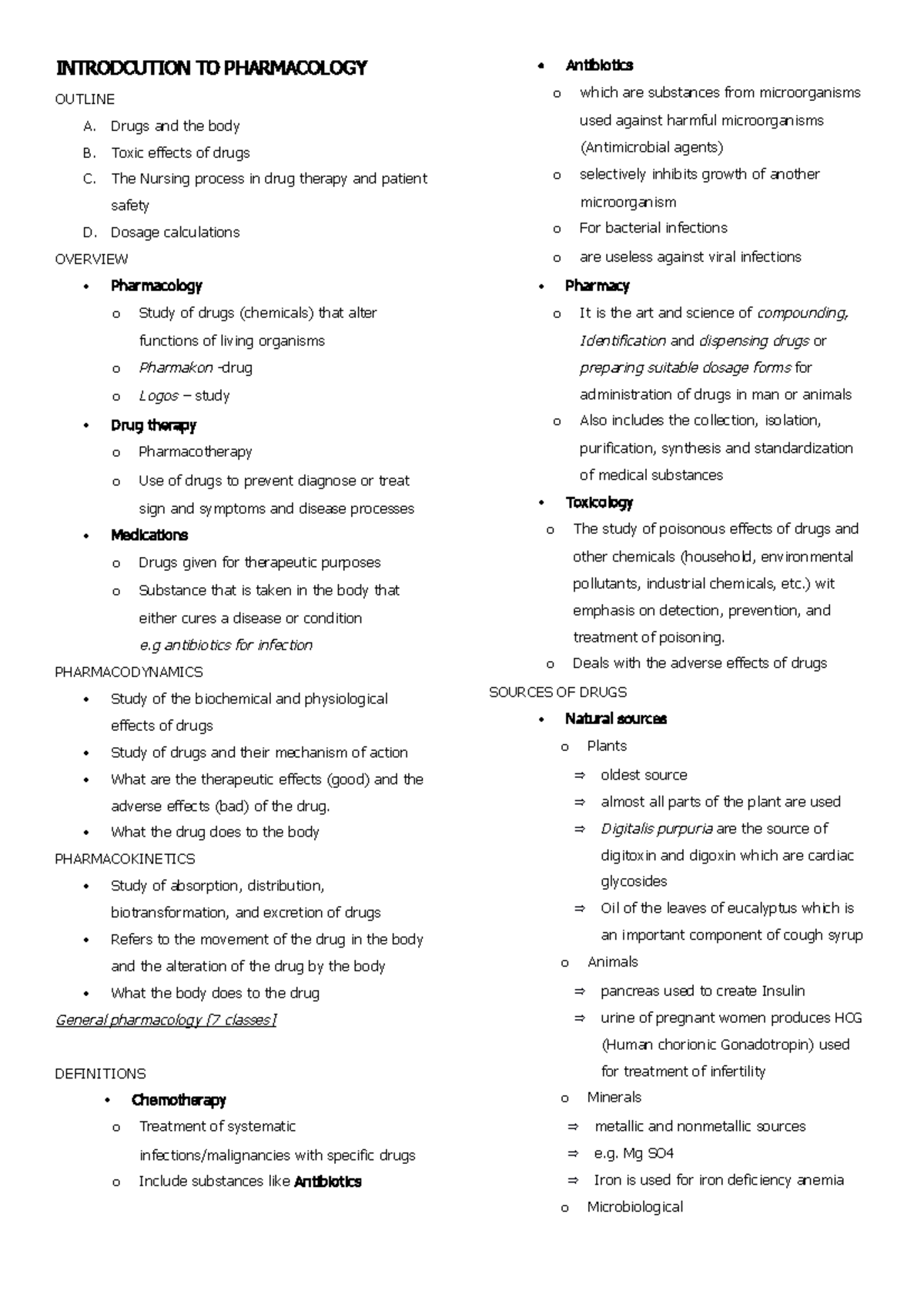 Introduction to Pharmacology - INTRODCUTION TO PHARMACOLOGY OUTLINE A ...