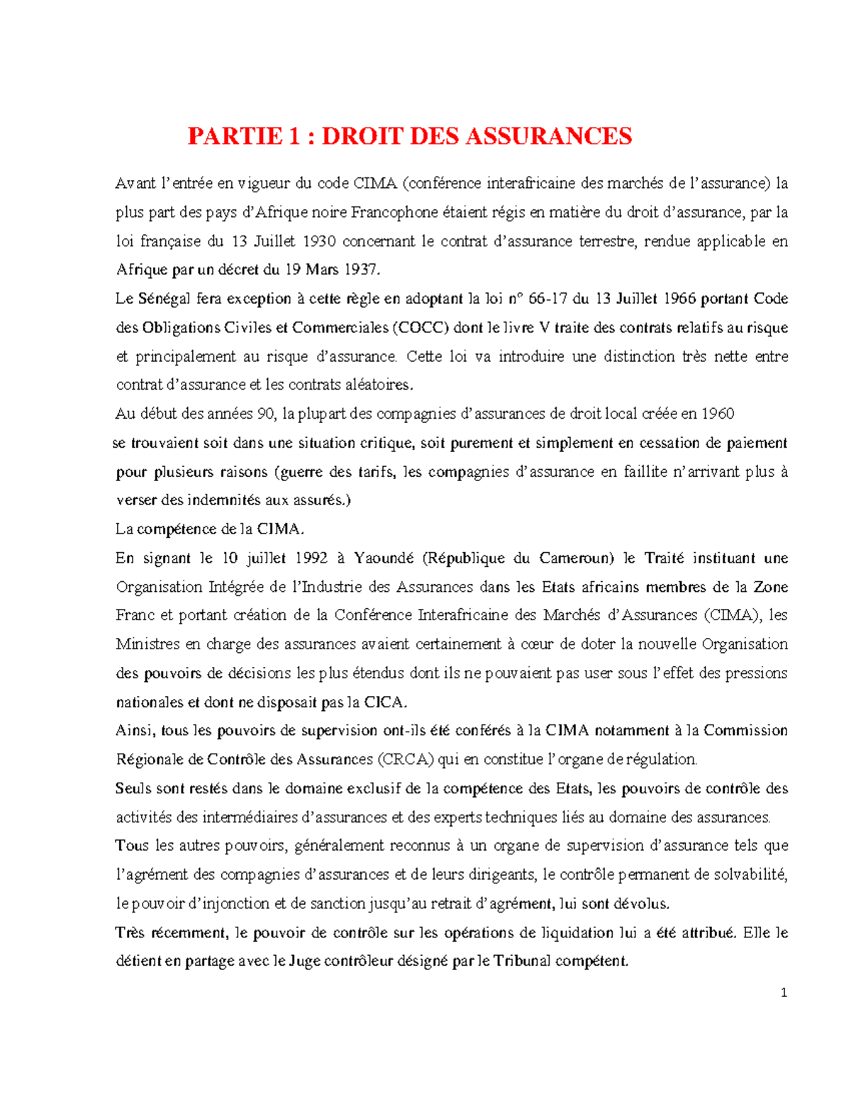 Partie 1 Droit DES Assurances - PARTIE 1 : DROIT DES ASSURANCES Avant l ...