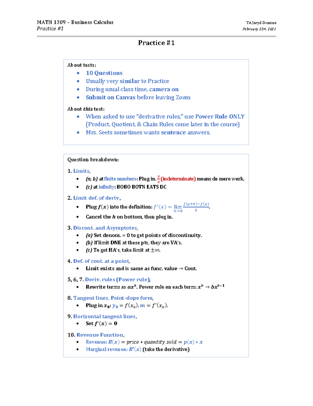 JD's Prep #1 - Unit 1 Test Prep - Practice #1 February 23rd, 2021 ...
