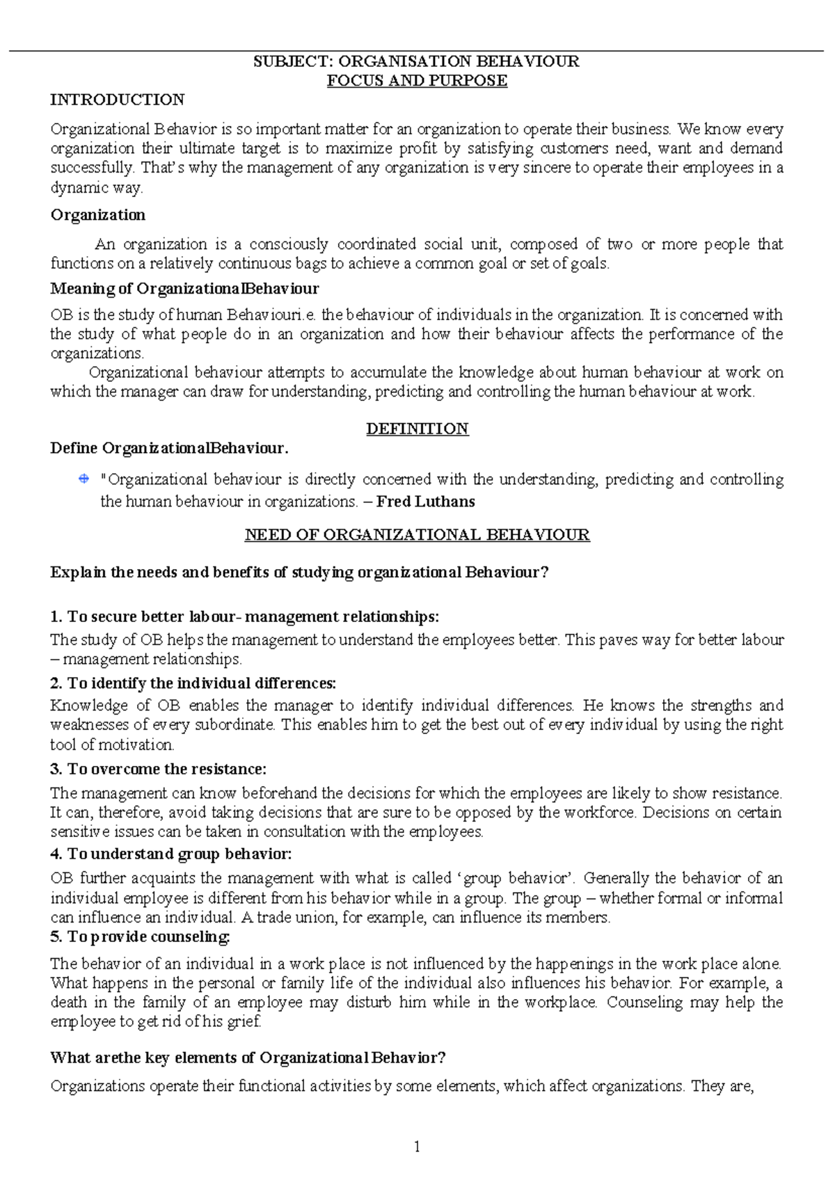 Organisation behaviour - SUBJECT: ORGANISATION BEHAVIOUR FOCUS AND ...