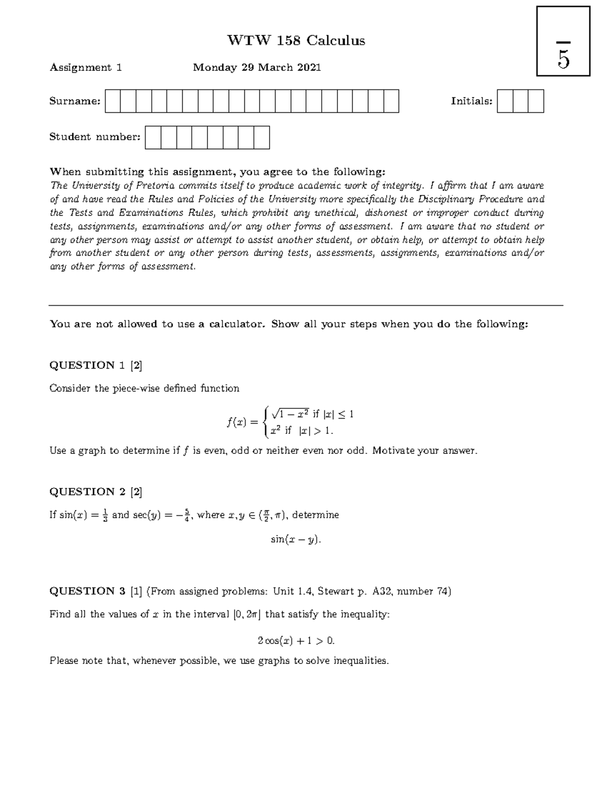 Assignment 1 - WTW 158 Calculus Assignment 1 Monday 29 March 2021 ...