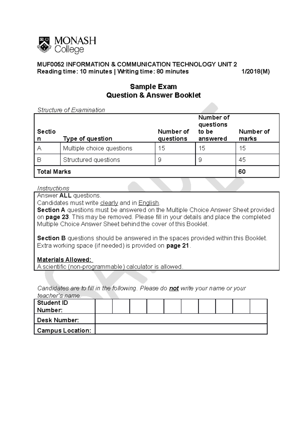 2018 1 ICT2 Sample Exam solution - MUF0052 INFORMATION & COMMUNICATION ...