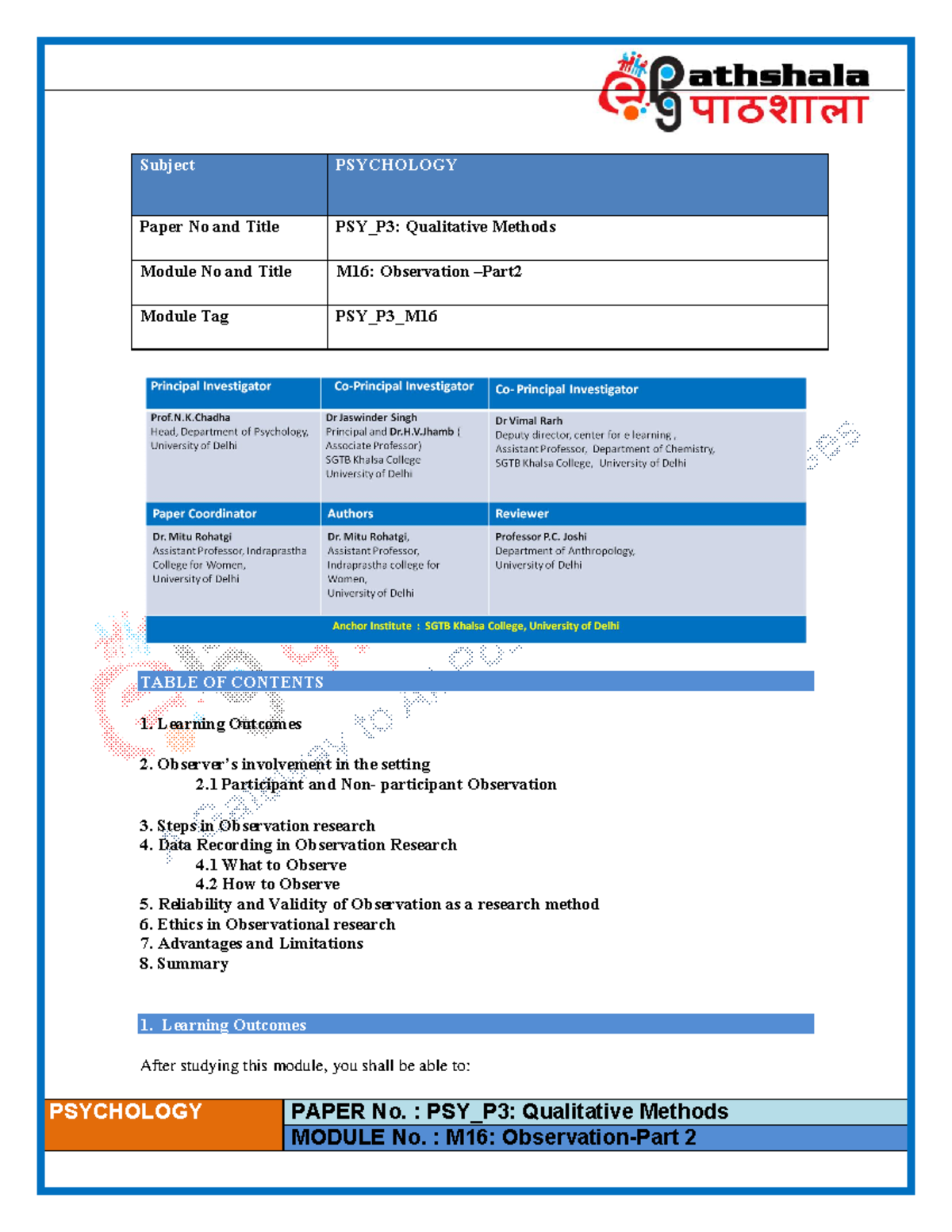 Observation –Part2 - PSYCHOLOGY PAPER No. : PSY_P3: Qualitative Methods ...
