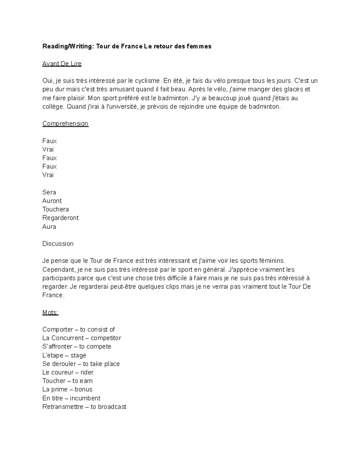 French HW - hw key - Reading/Writing: Tour de France Le retour des ...