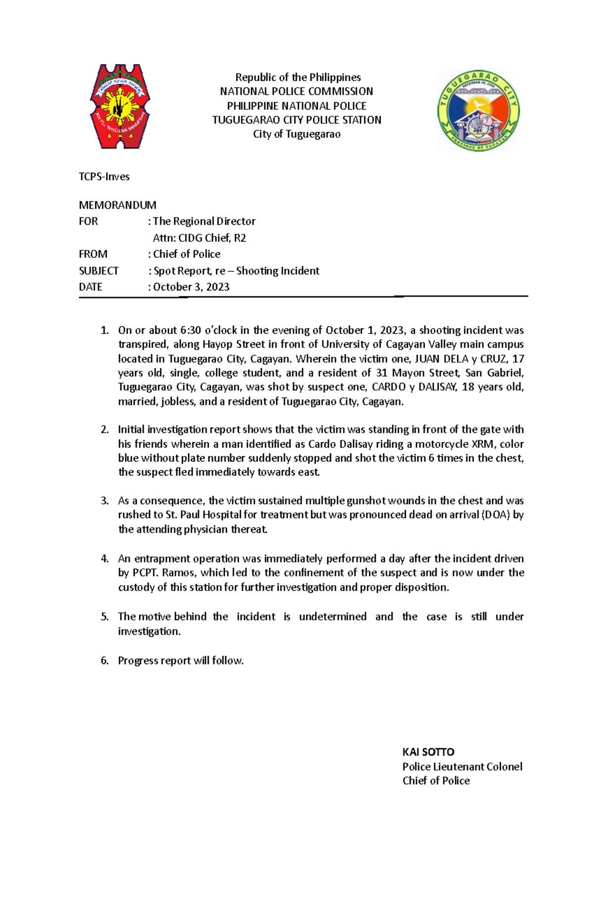 SPOT Report (TRW 1) - Republic of the Philippines NATIONAL POLICE ...