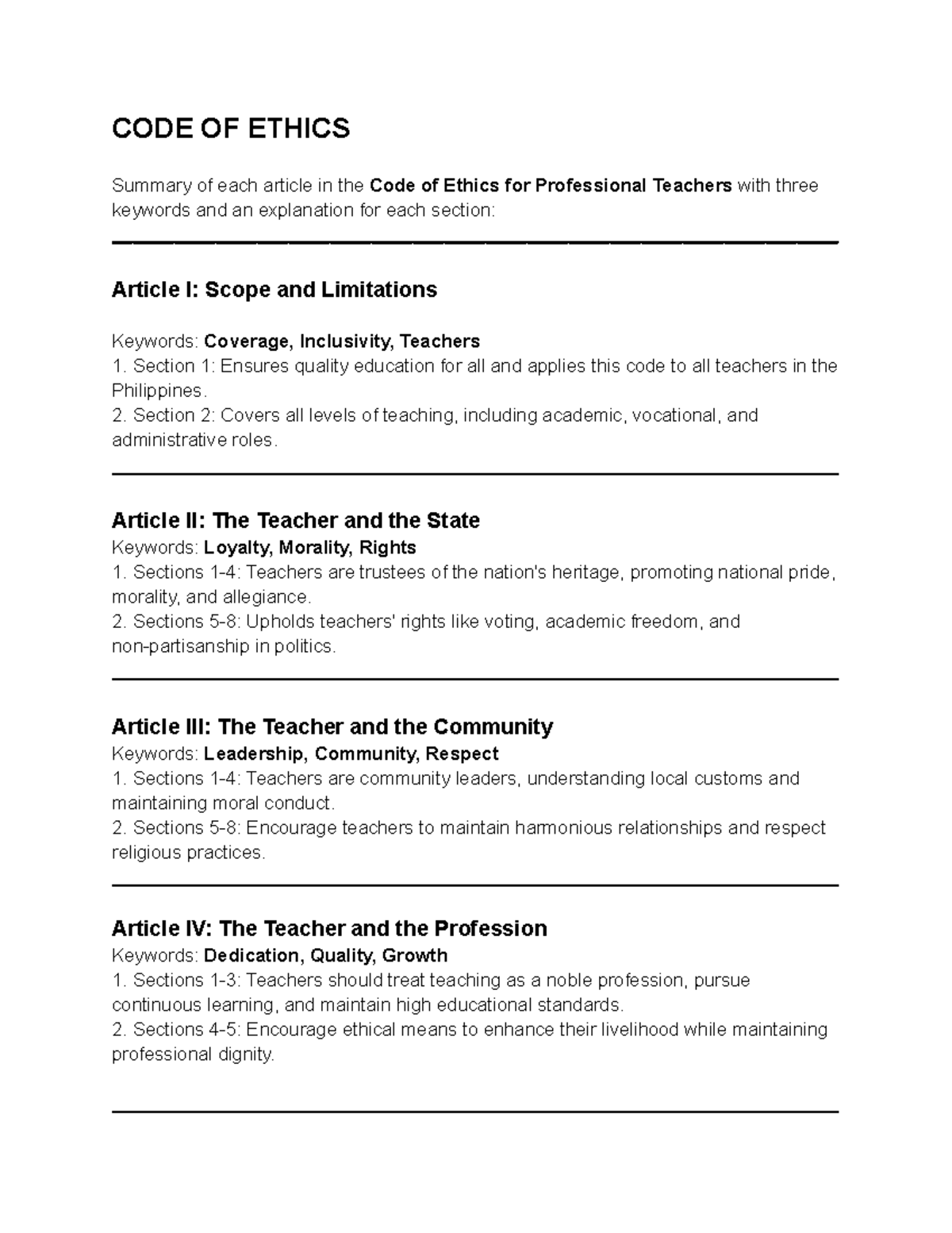 CODE OF Ethics Keywords AND Meanings - CODE OF ETHICS Summary of each ...
