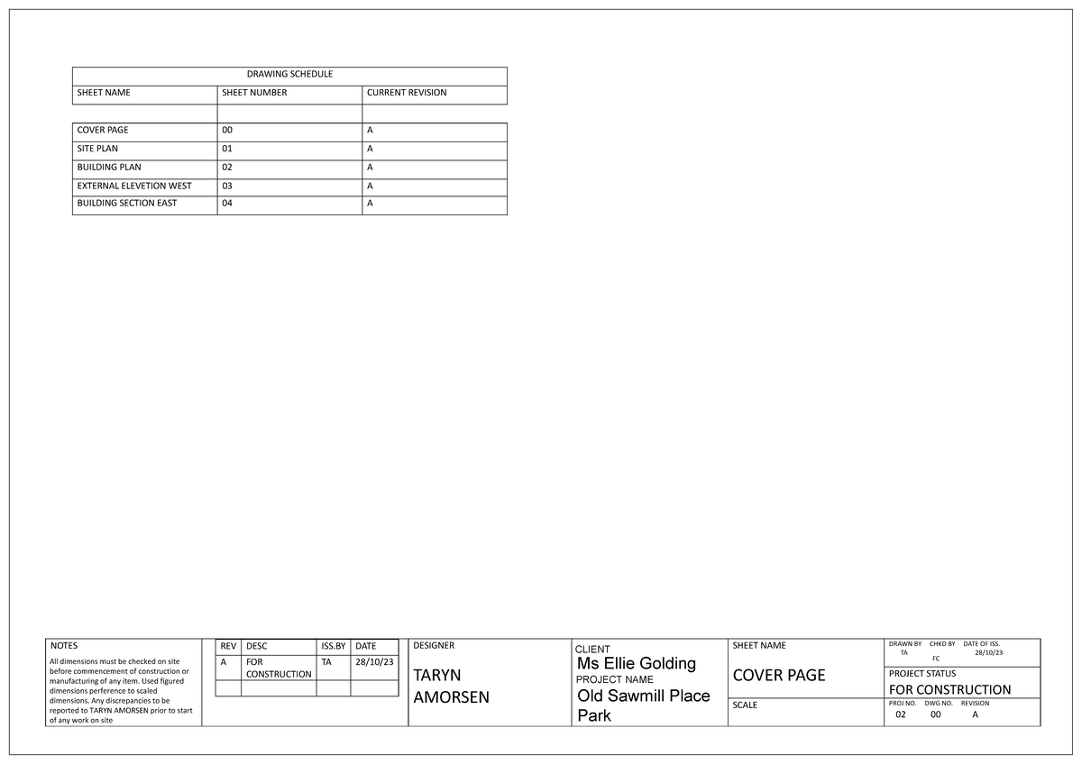 Project 2 DYB113 - NOTES REV DESC ISS DATE A FORCONSTRUCTION TA 28/10 ...